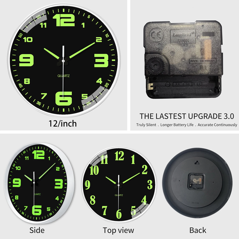 12 Inch Silent Luminous Wall Clock Glowing in the Dark Round Modern ...