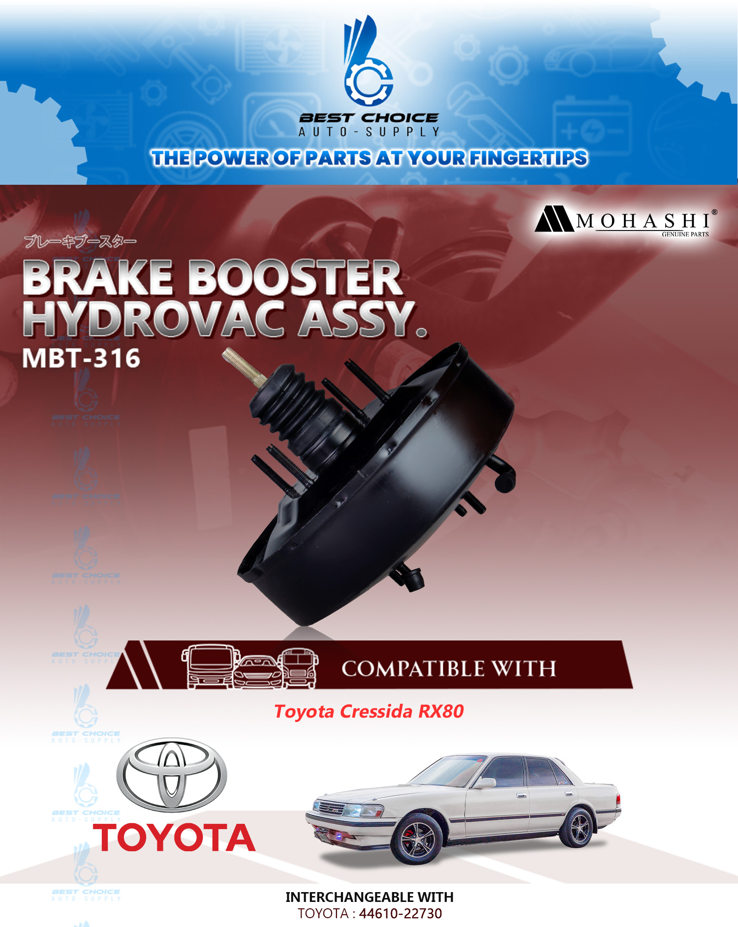 TOYOTA CRESSIDA RX80 22R BRAKE BOOSTER HYDROVAC MBT-316 MOHASHI 44610 ...