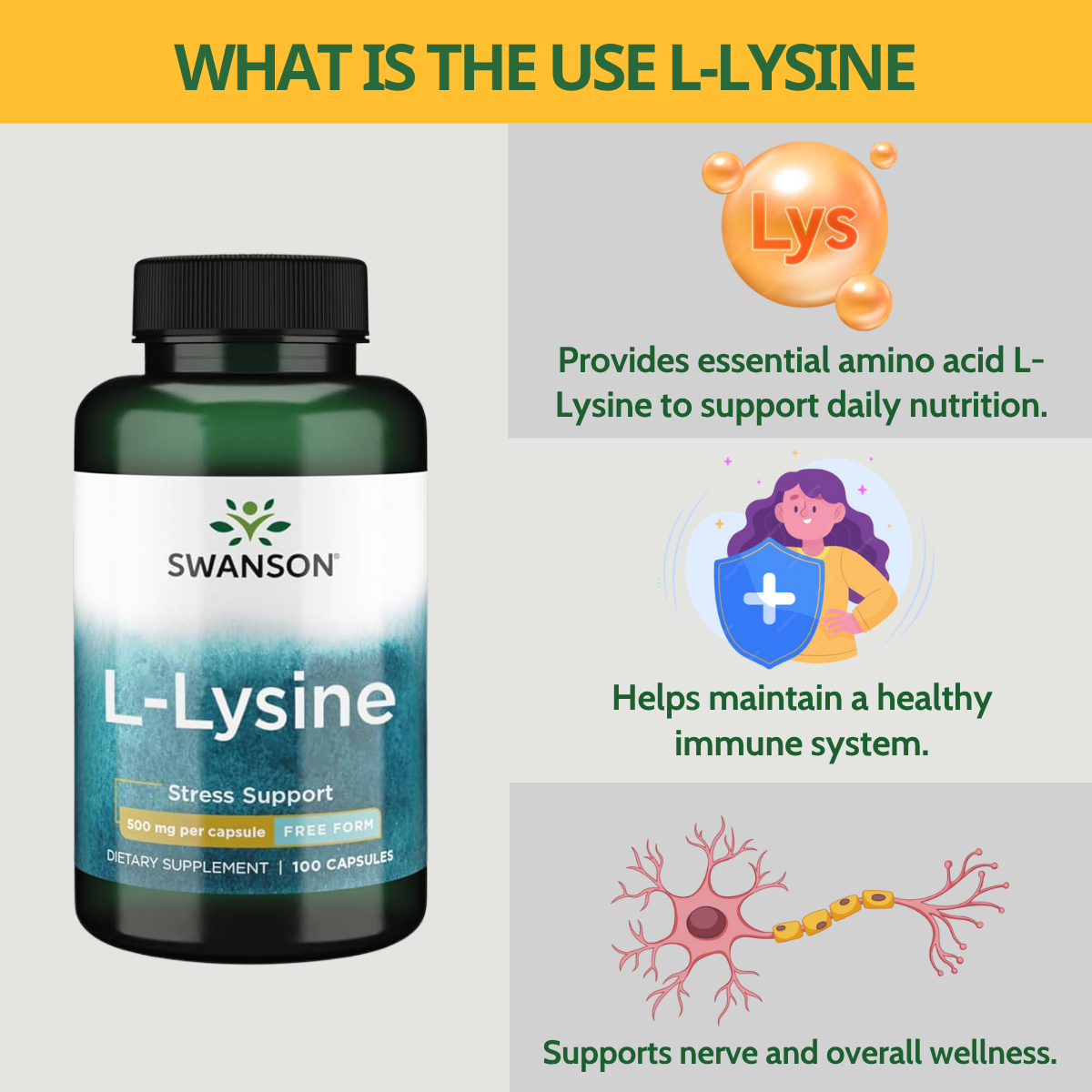 L-Lysine Swanson 500mg 100 Capsules Essential Amino Acid Supplement for ...