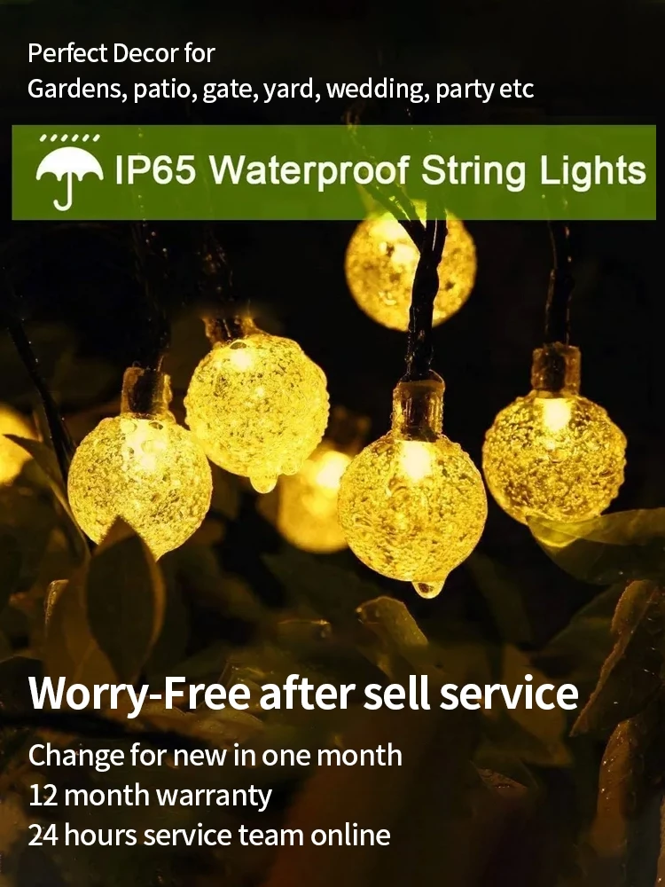 12M 100LED Solar Christmas lights Crystal ball 7M Outdoor Waterproof ...