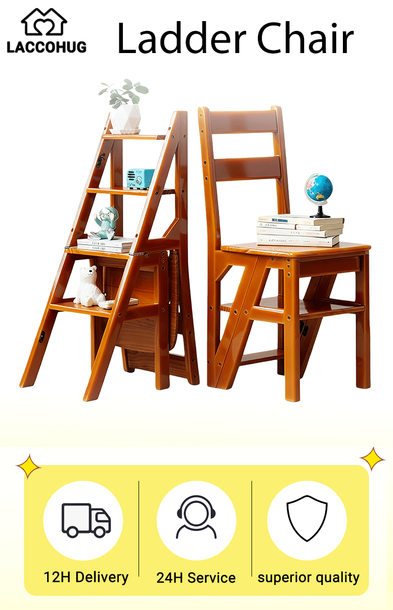 LACCOHUG 2in1 Ladder Chair Folding Dual Use Solid Wood Indoor Climbing ...