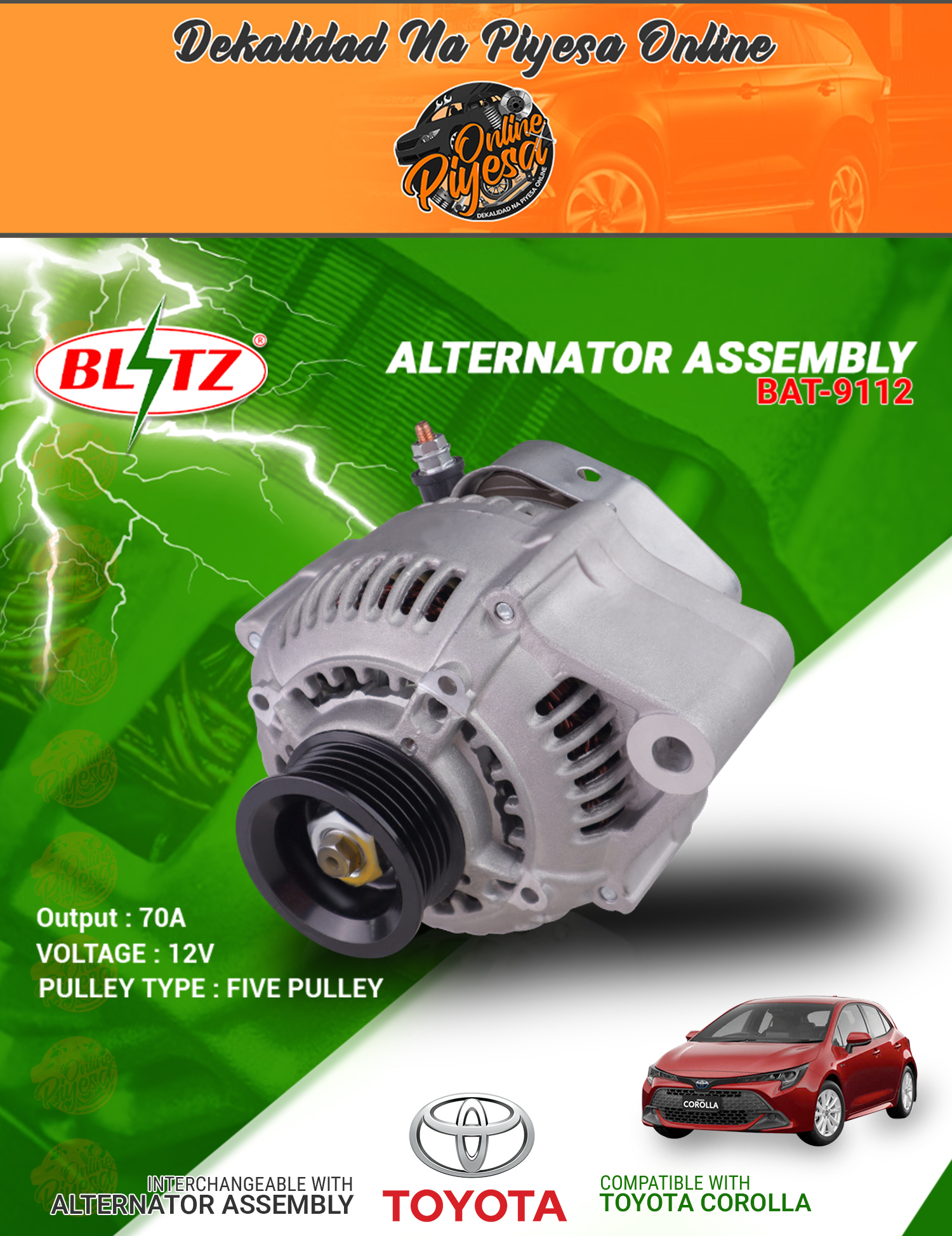 TOYOTA COROLLA/ 4AF 12V/ 70A FIVE PULLEY BLITZ ALTERNATOR ASSEMBLY OP ...
