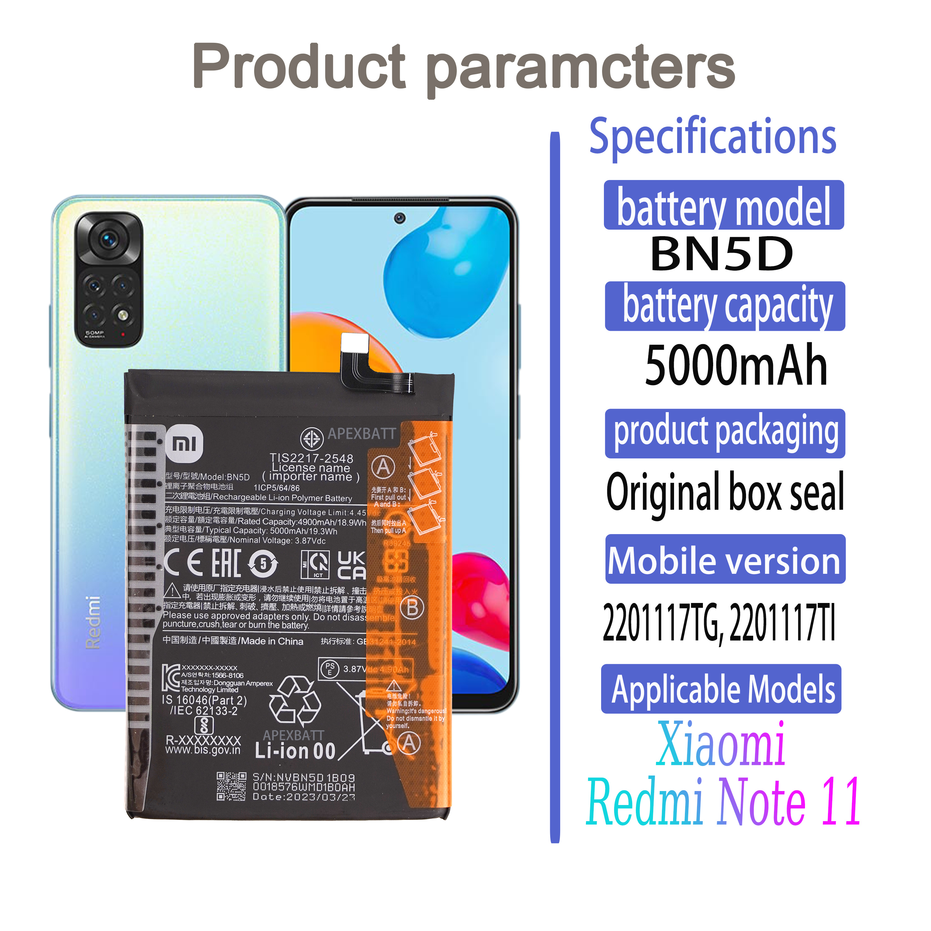 APEXBATT For Xiaomi Redmi Note 11 Original Replacement Battery BN5D ...