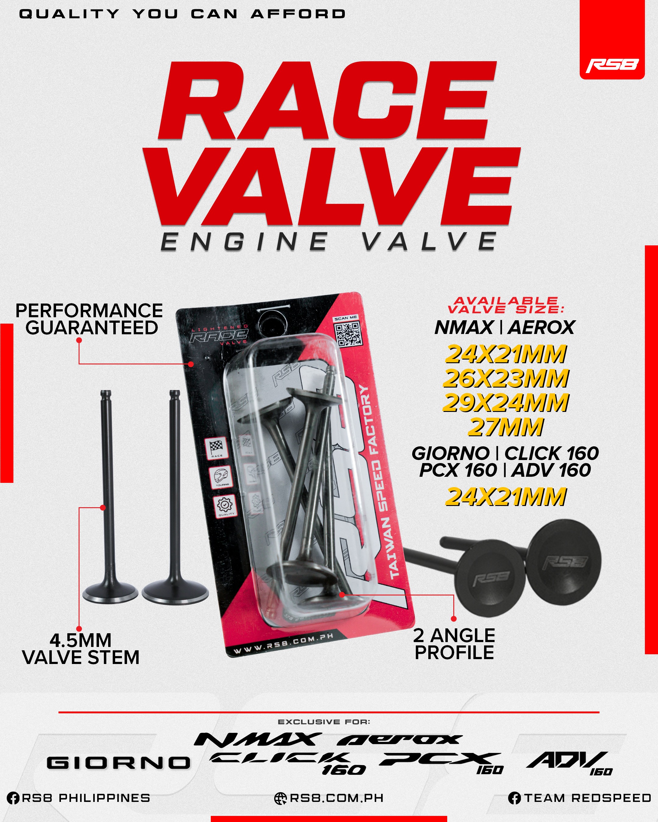 RS8 LIGHTENED VALVES (NMAX/AEROX/GIORNO/CLICK160/PCX160/ADV160 ...