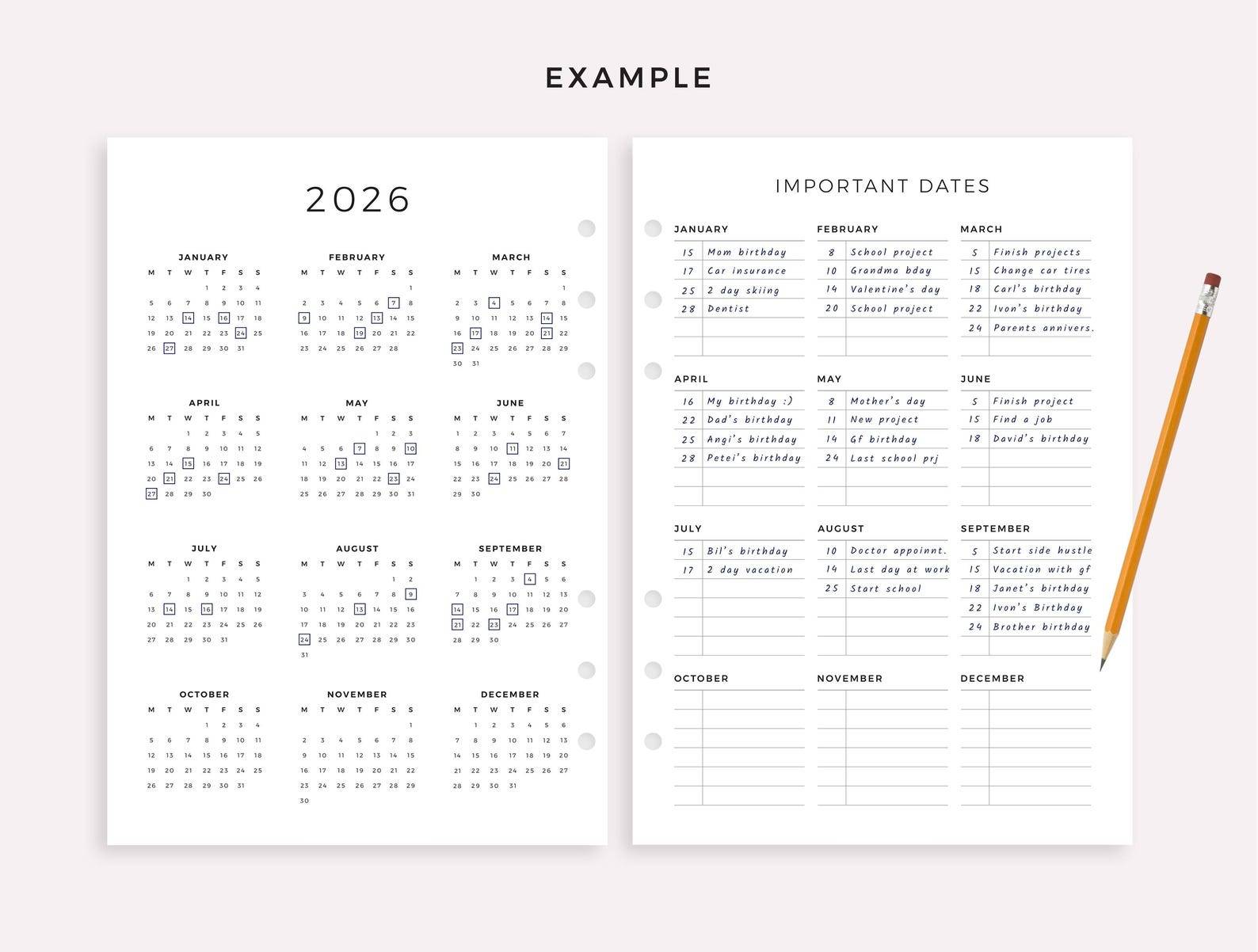A5 A6 2026 Calendar and Important Dates Planner Binder Refill Loose ...