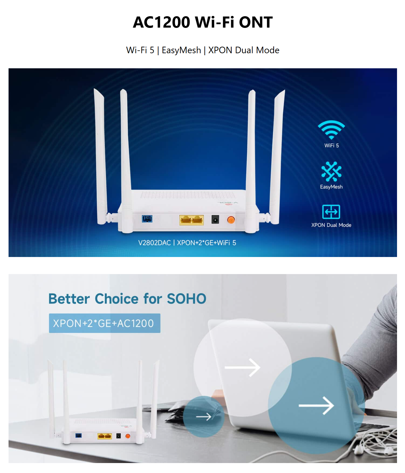 VSOL V2802DAC XPON 2GE+WiFi5 AC1200 Dual Band ONU | Shopee Philippines