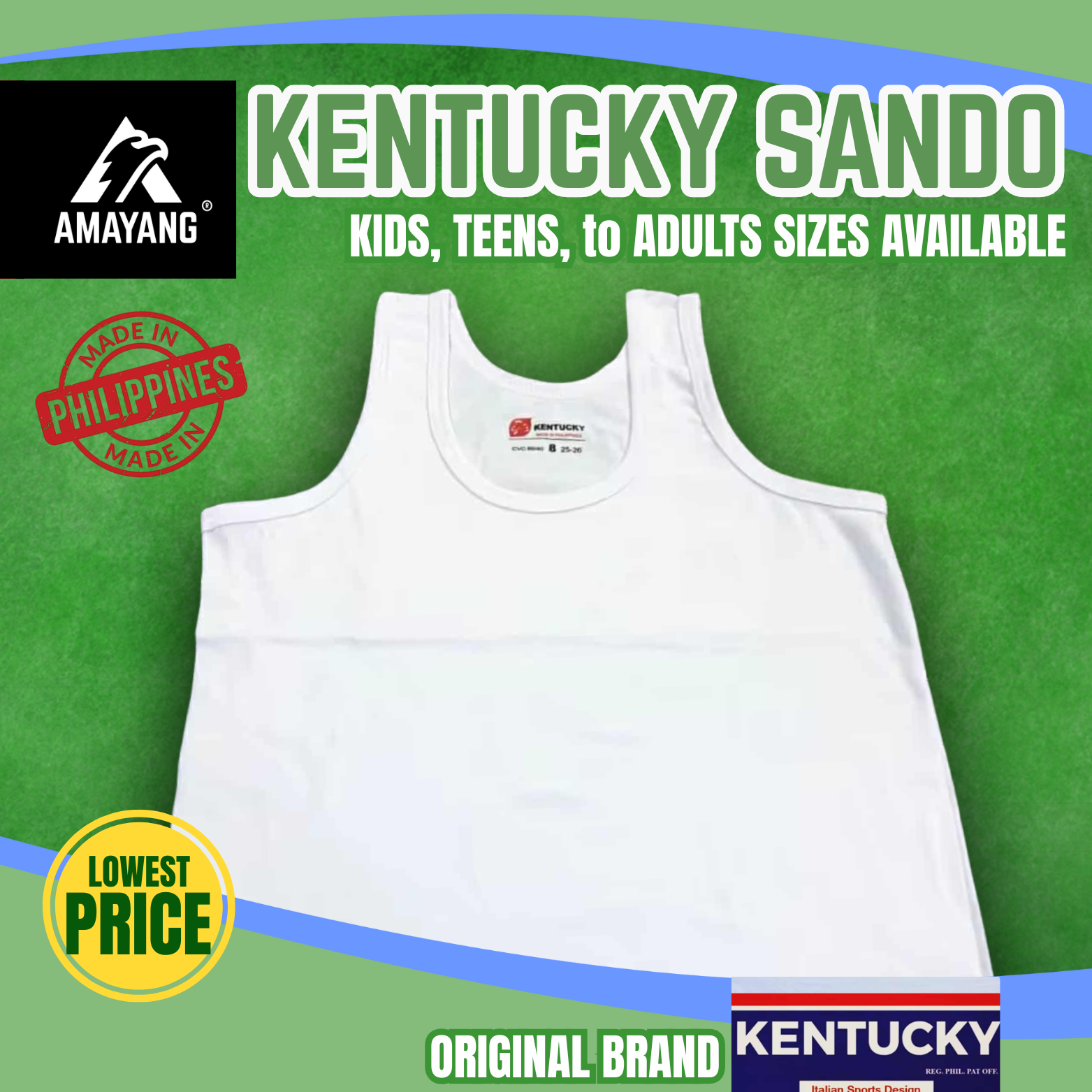 1pc Size 2 to Adult XXXL SANDO 1pc KENTUCKY blue corner COTTON (by ...