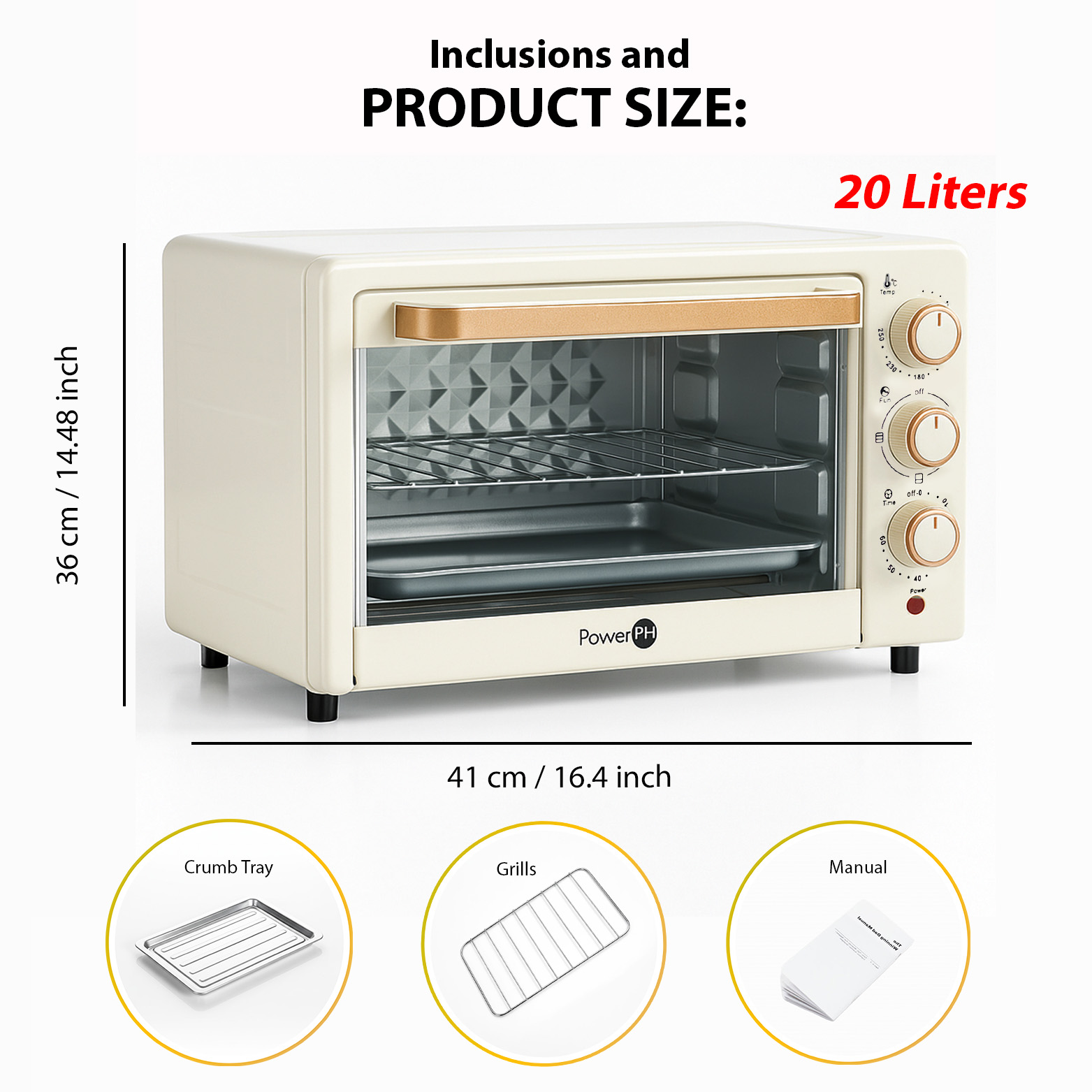 POWER PH 20L Electric Oven Toaster White Mini Oven Triple Knobs Upper ...