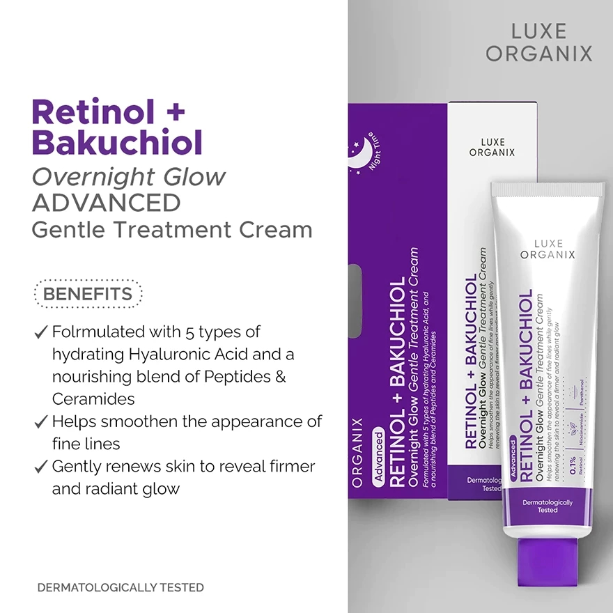 LUXE ORGANIX Retinol + Bakuchiol Overnight Glow Gentle Treatment Cream ...