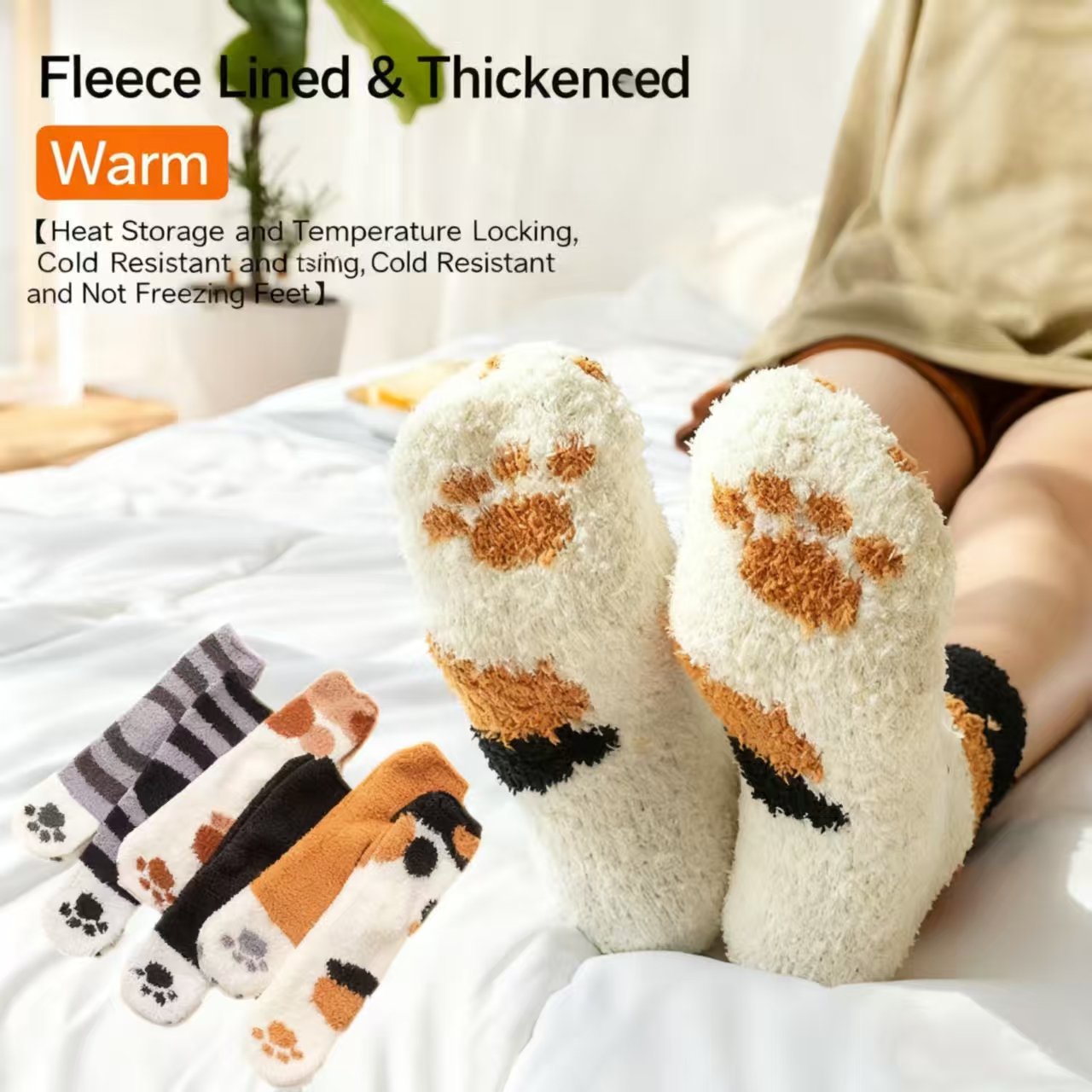 Cozy Cat Paw Coral Fleece Socks Thickened Thermal Sleep Socks for Cold ...