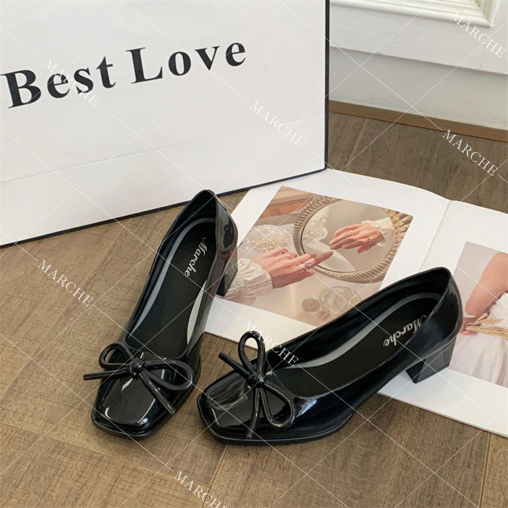Marche Fashion Square Toe Glossy Rubber Thick Heel High-Heeled Single ...