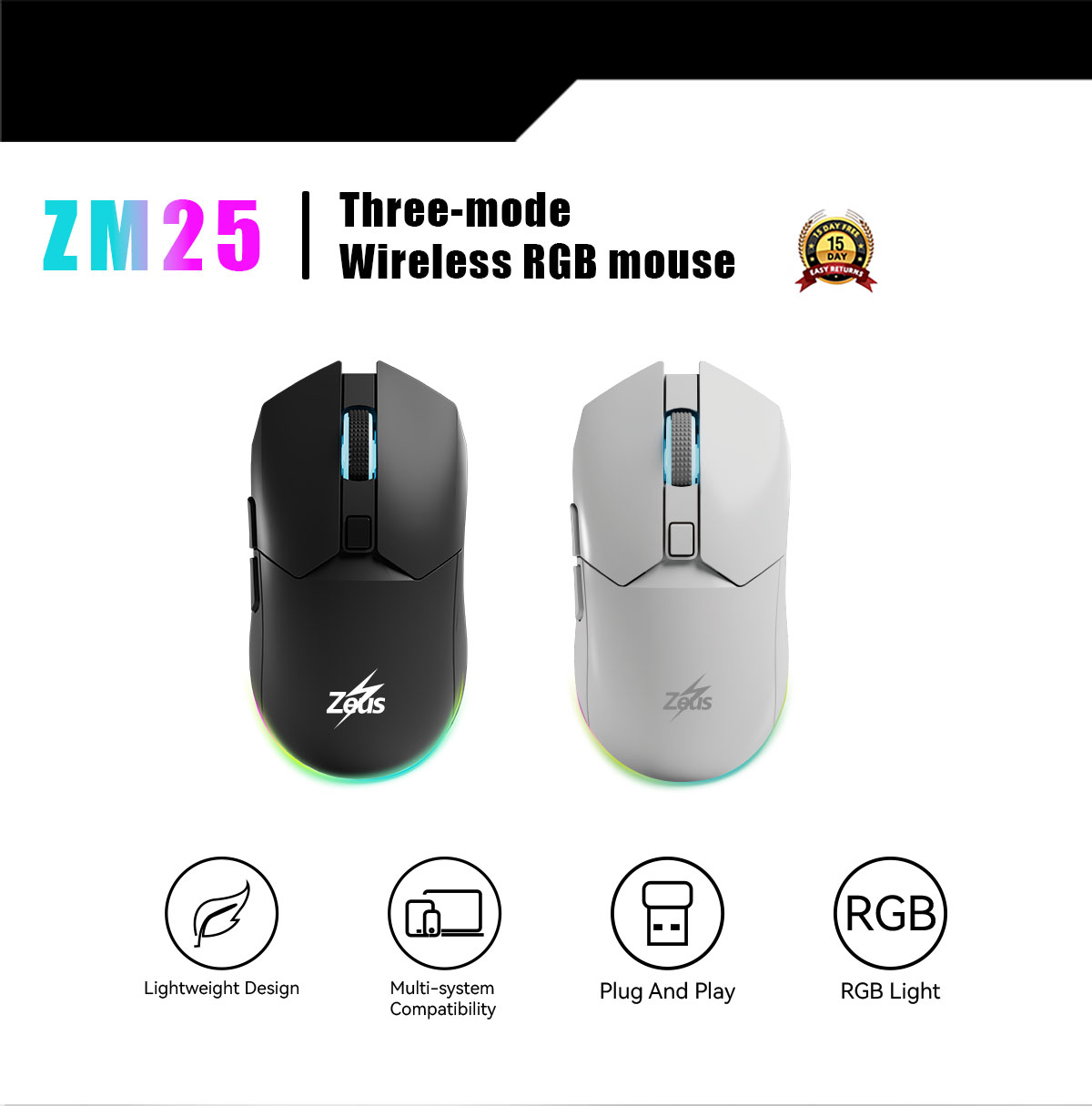 ZEUS ZM-25 Tri-Mode Wireless Bluetooth USB RGB Gaming Mouse Up To 12800 ...