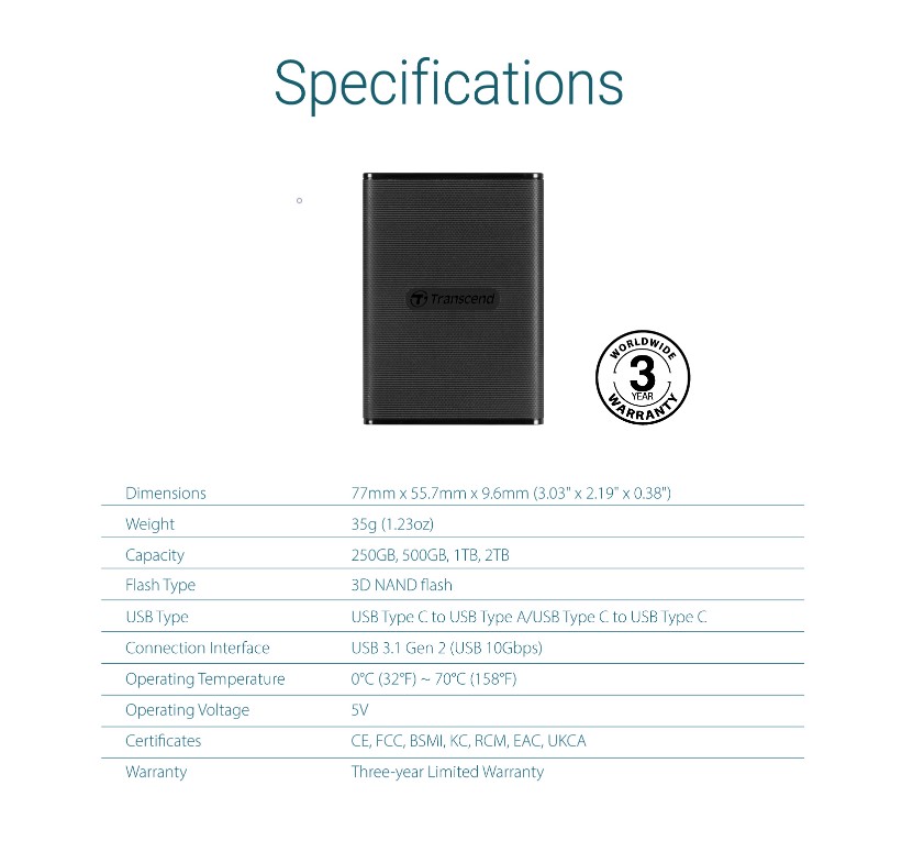 Transcend Portable SSD ESD270C 2TB USB 3.1 Gen 2 Type C Up to 520MB/s ...