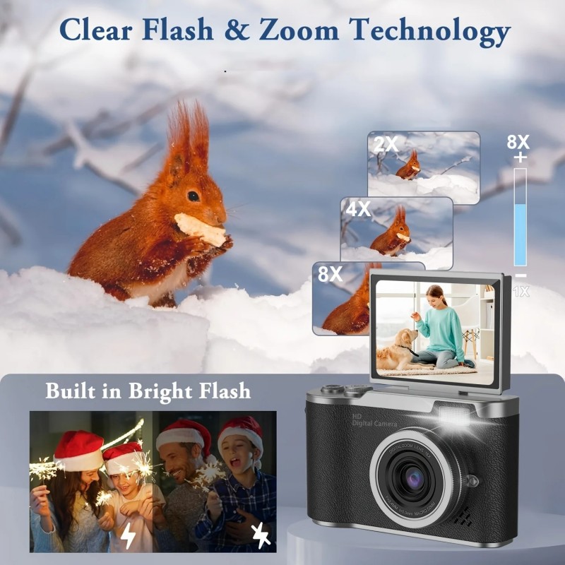 Digital Camera 4K HD Selfie Flip screen 180° Built-in Flash 30X Zoom ...