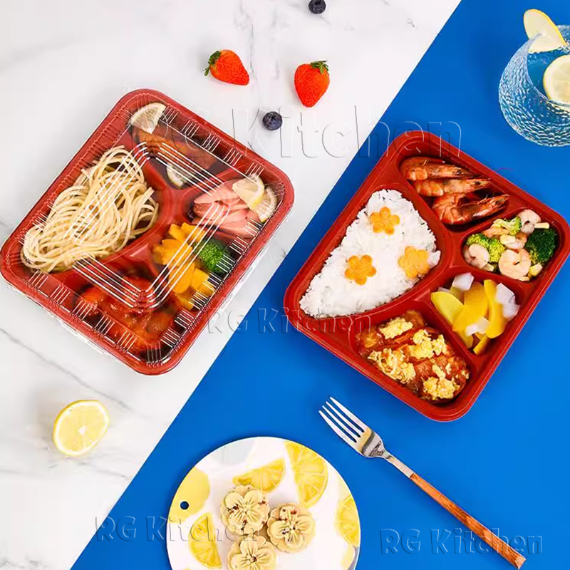 100PCS Upgraded Thick Red Yellow Bento Box With Lid 1/2/3/4/5 Grid ...