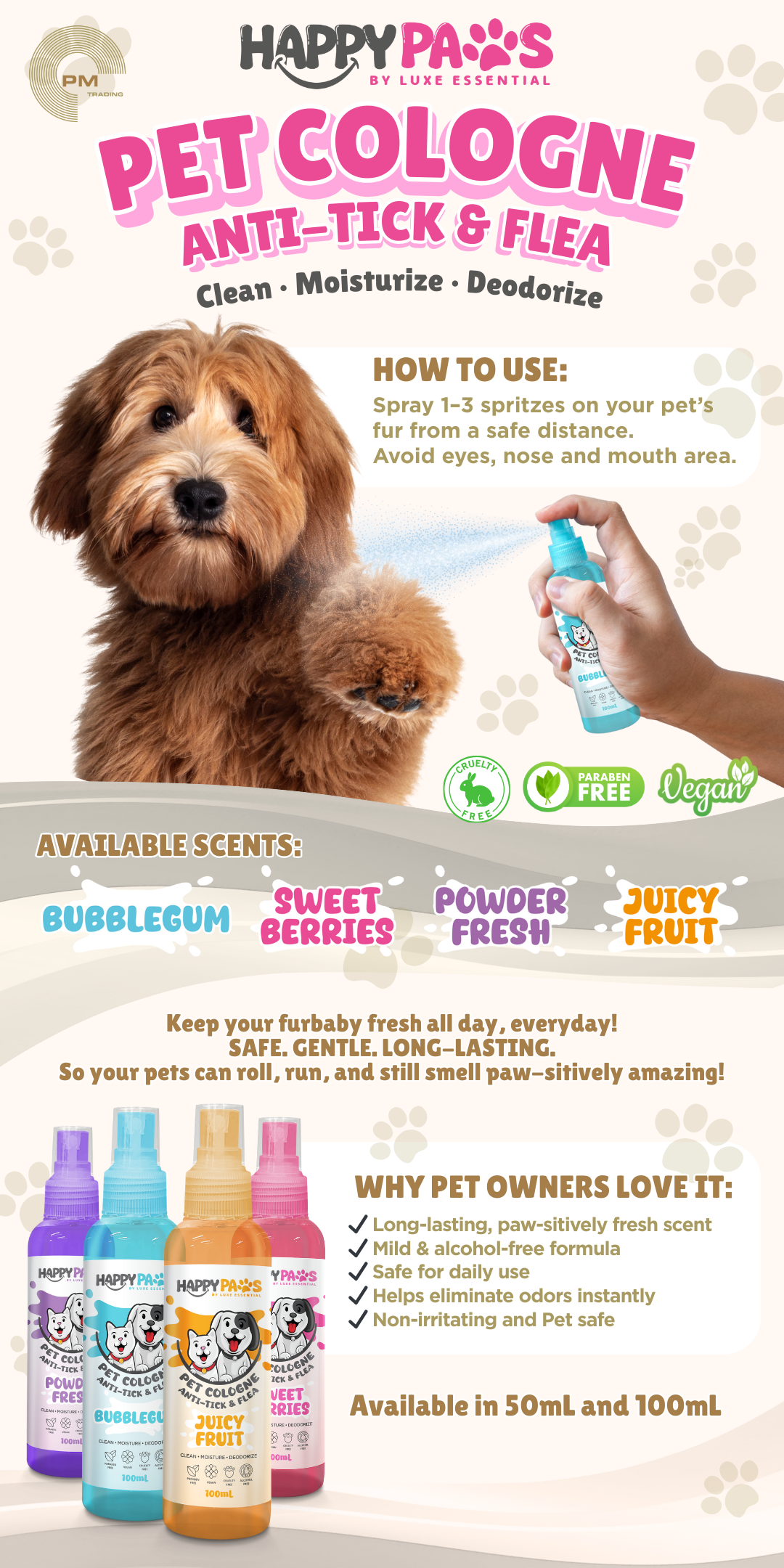 Happy Paws Pet Cologne - Premium Moisturizer & Deodorizer with Anti ...