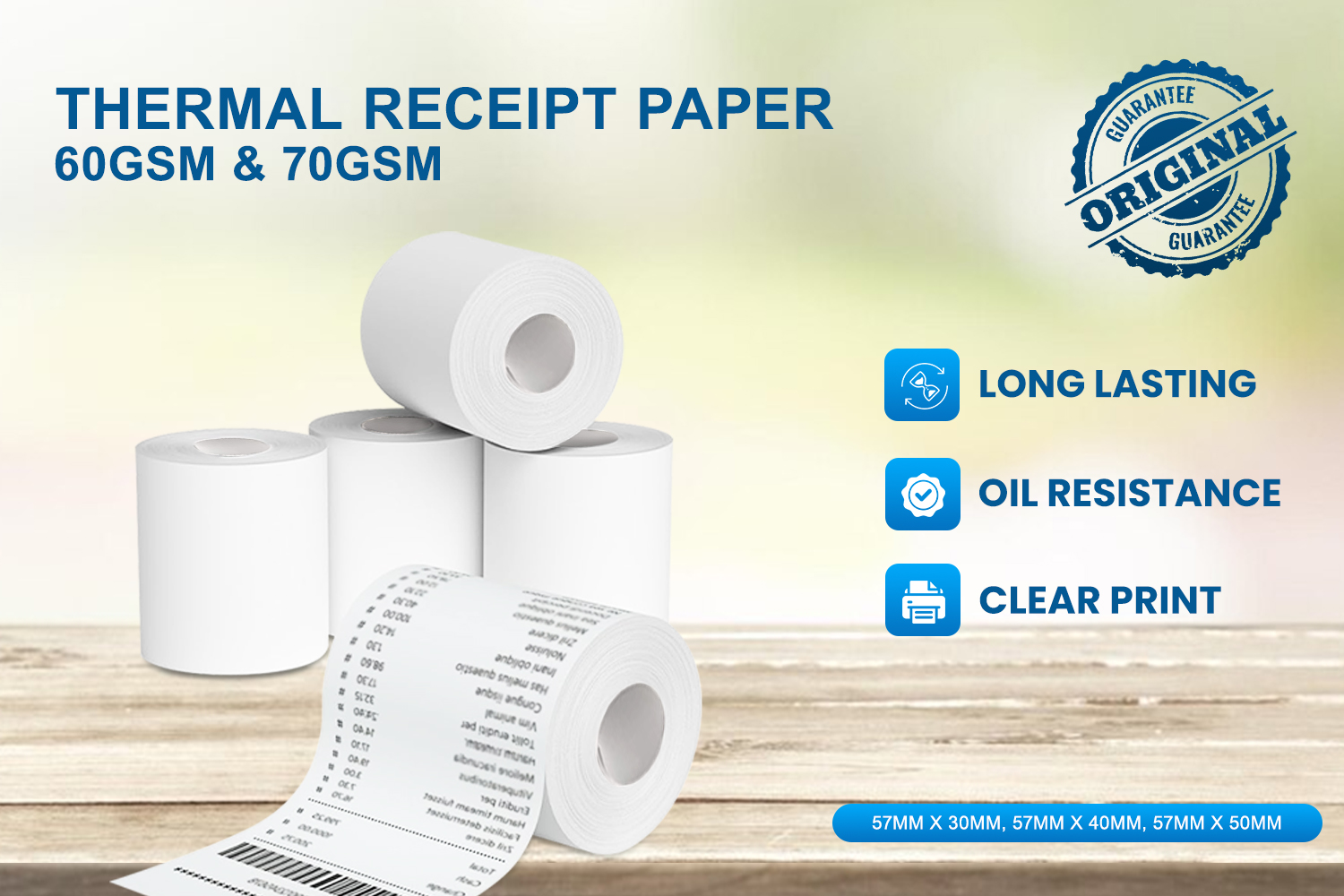 10 ROLLS Receipt Paper 57mm (x 30mm, 40mm, 50mm) 60GSM | 70GSM Core ...