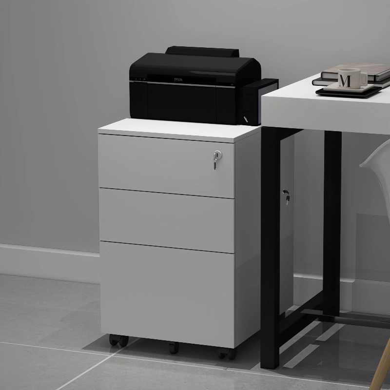 Steel storage cabinet, white, three drawers, with wheels for easy ...