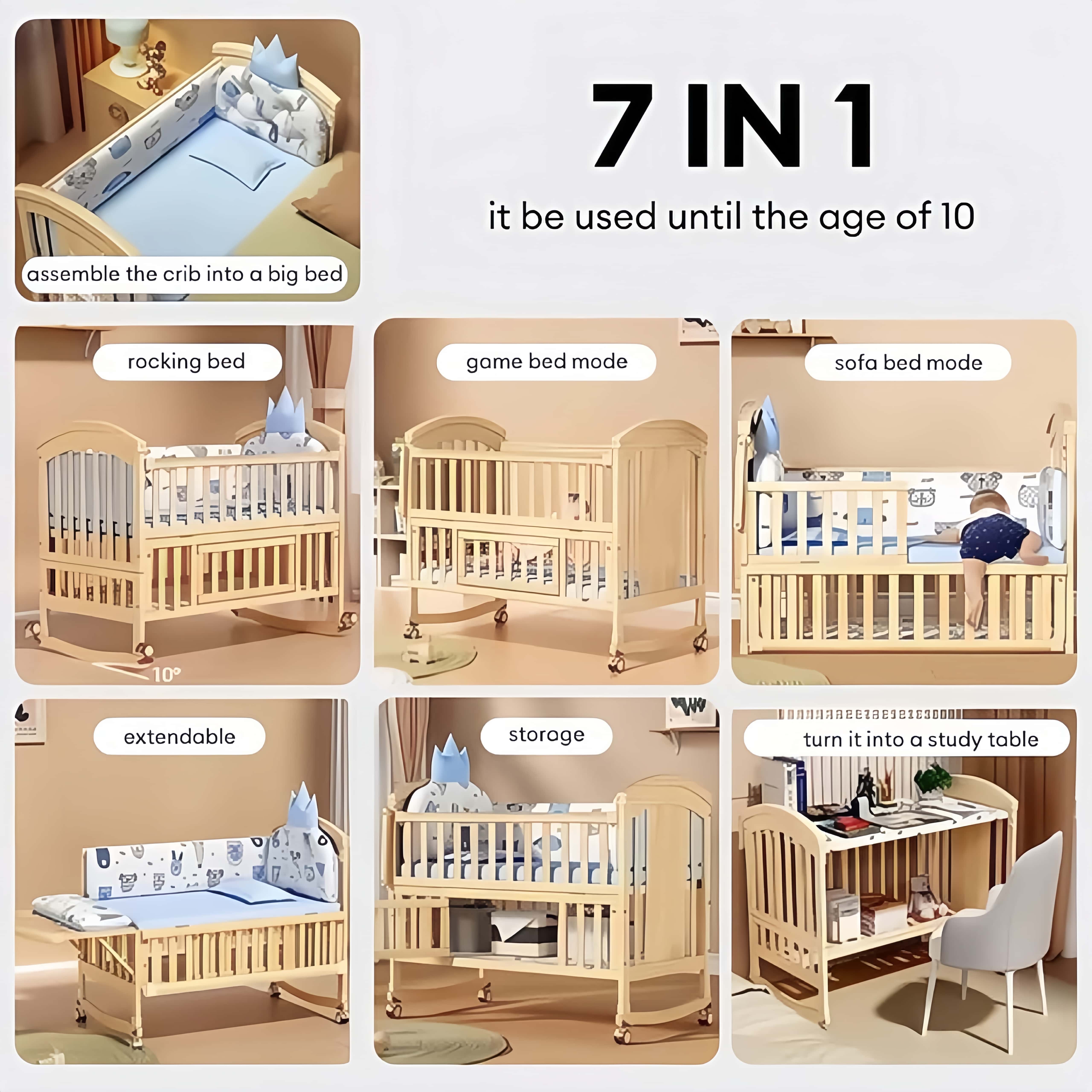 7 IN 1 Multifunctional Wood Crib For New Born Baby With Mosquito Mat ...
