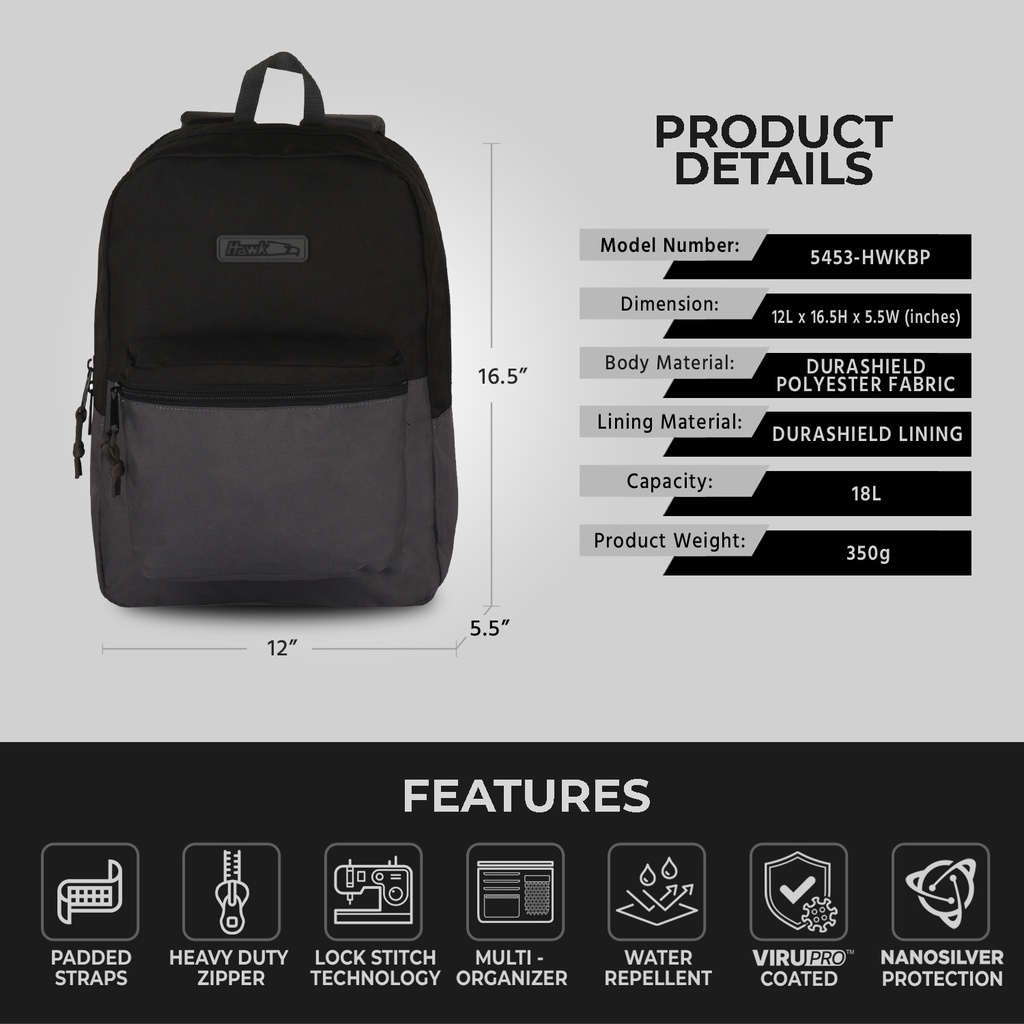 [HAWK SUPER SALE] Hawk 5453 Backpack with VIRUPRO Anti-microbial ...