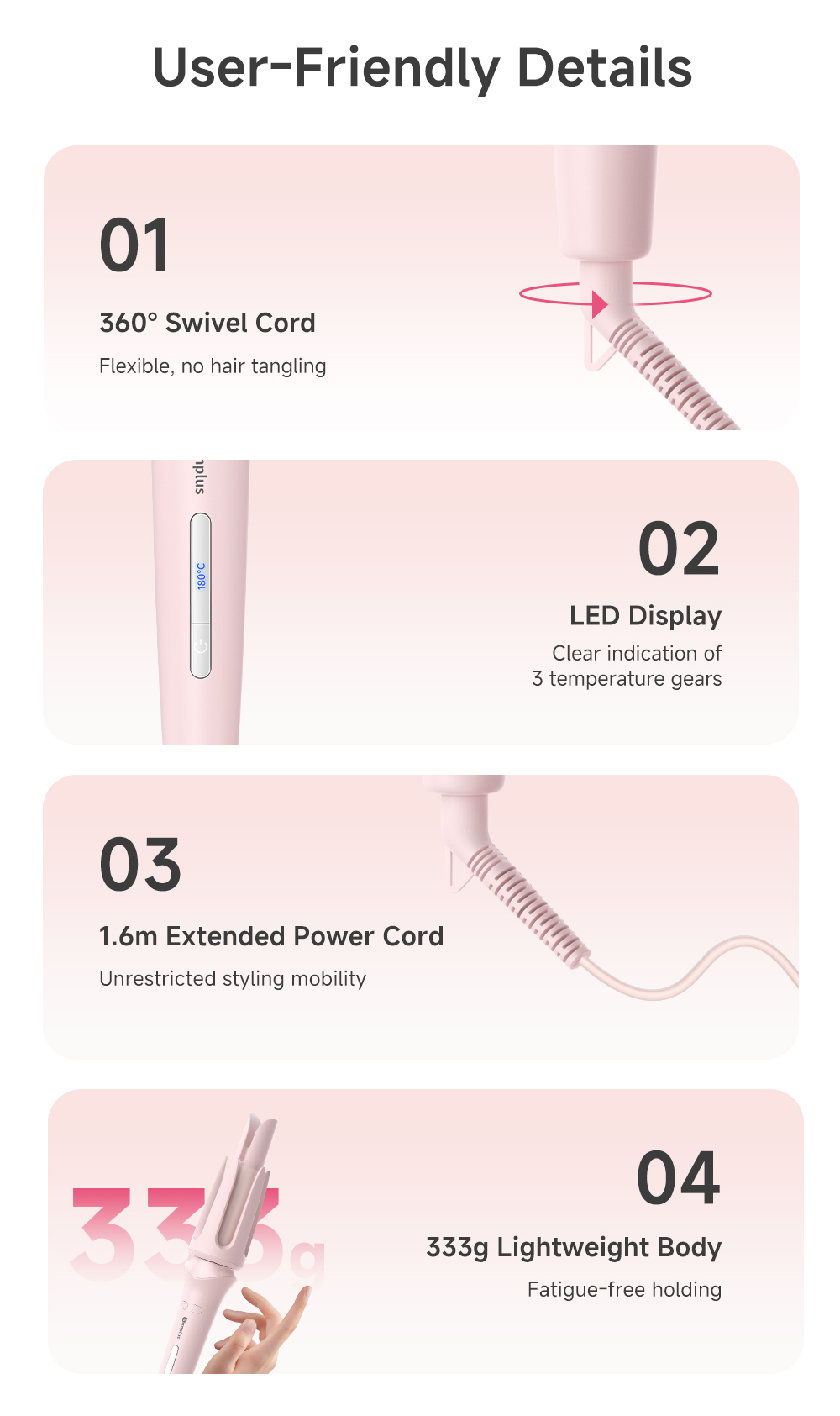 Simplus Pink Automatic Hair Curler 28mm Egg Roll Style with 3 Temp ...