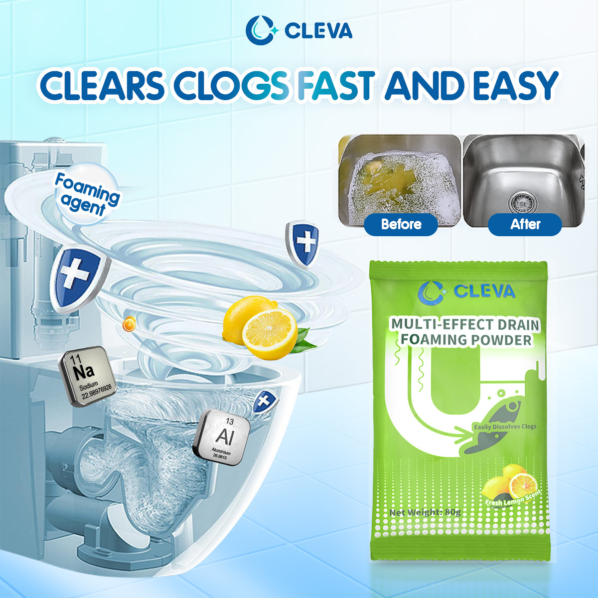 CLEVA Drain cleaner powder, 80g organic waste decomposer – dissolves ...