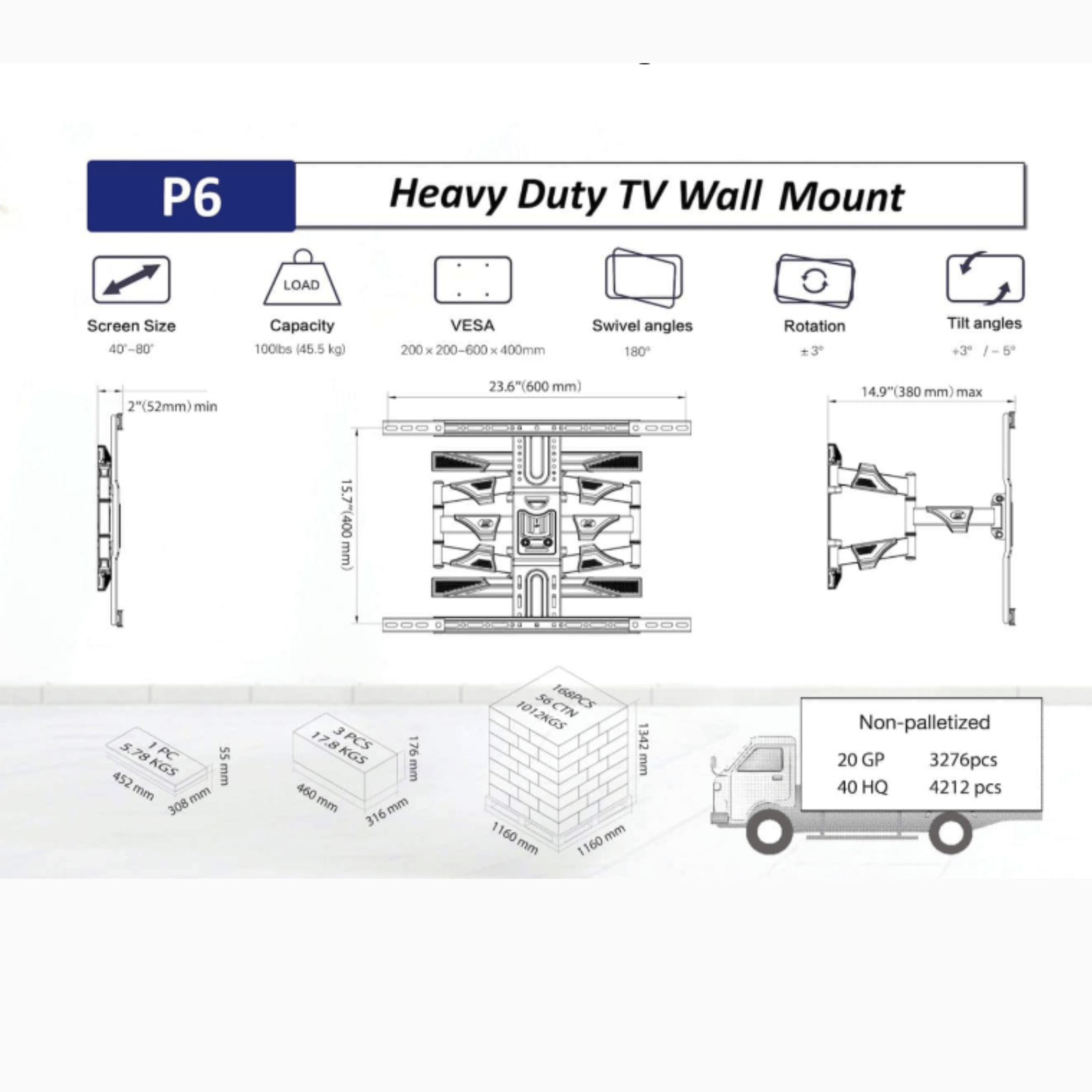 NB P6 Adjustable Full Motion TV Wall Mount 40–80" VESA 200–600mm 100lbs ...