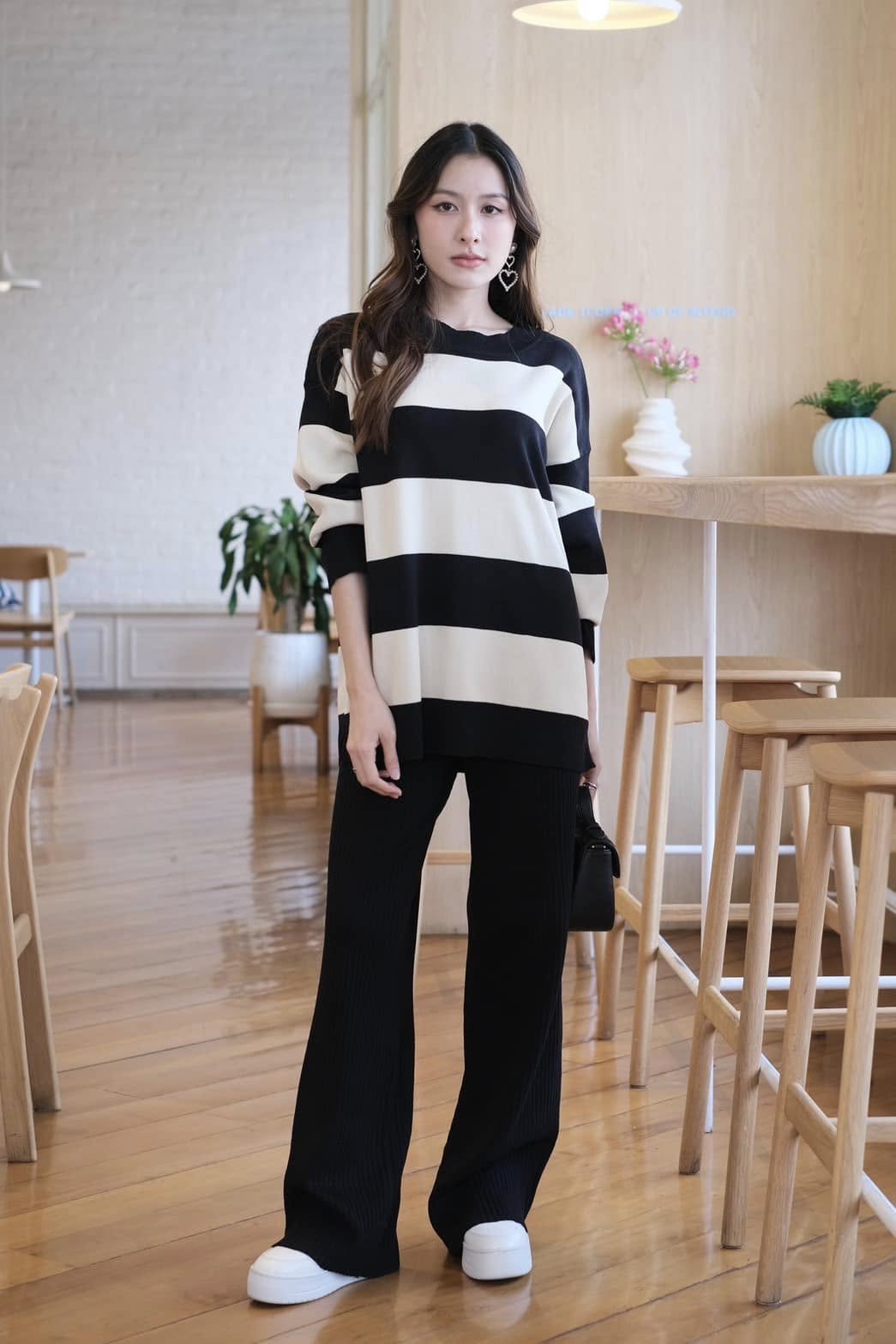 EZ Side Slit Hem Long Sleeve Stripe Top & Wide Leg Garter Ribbed Pants ...