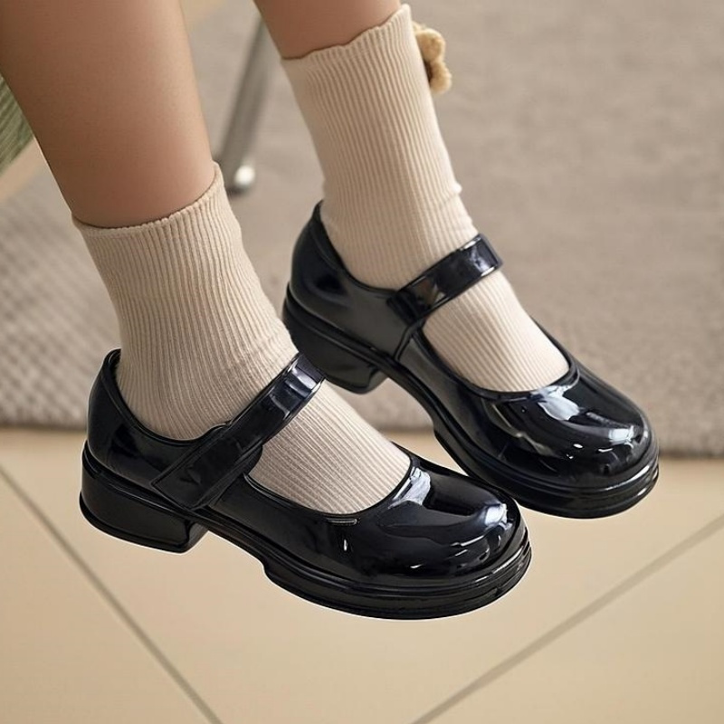 Girl student black shoes children's Korean fashion glossy 3CM black ...