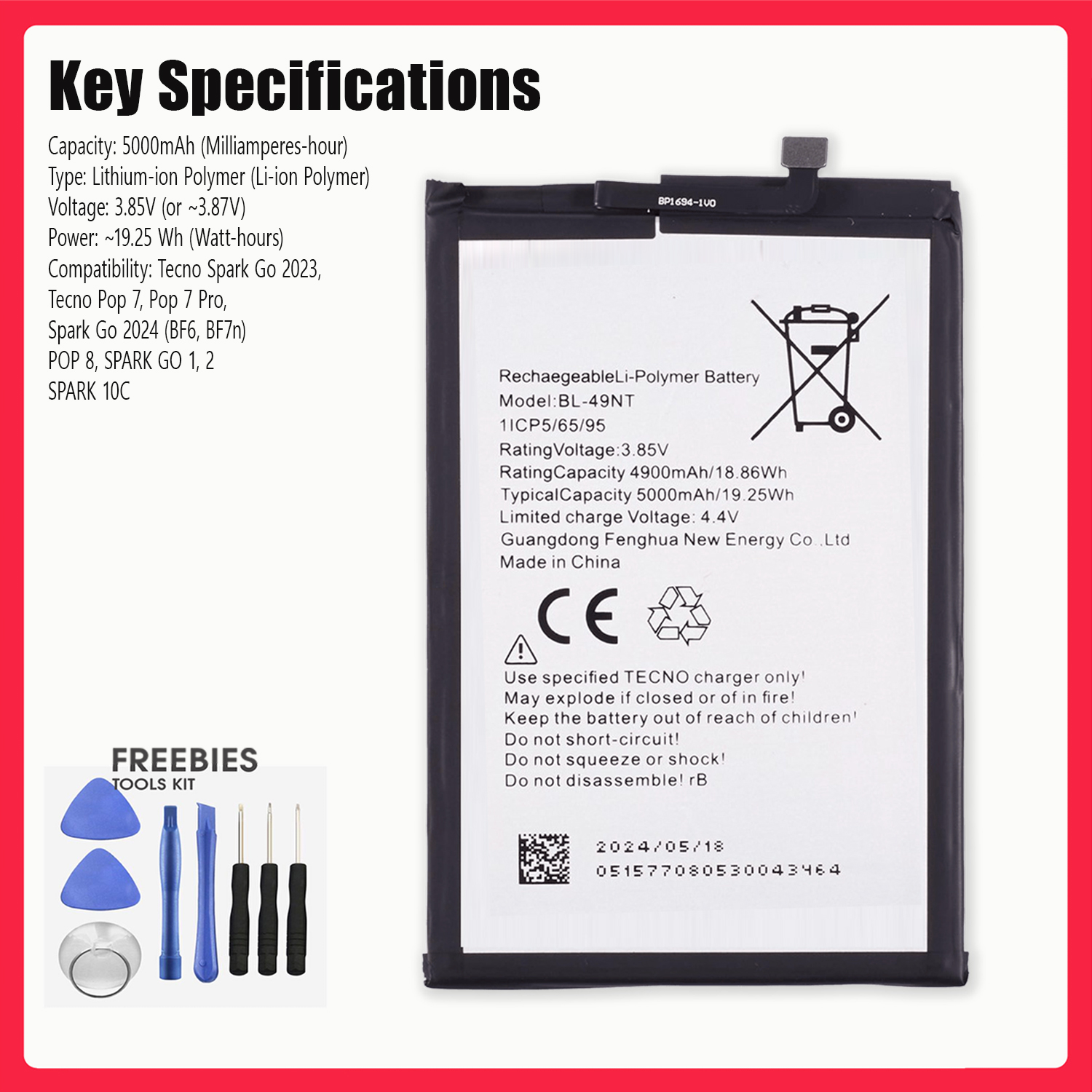 BL-49NT high quality battery for Tecno Spark go 1s (KL4h) capacity ...