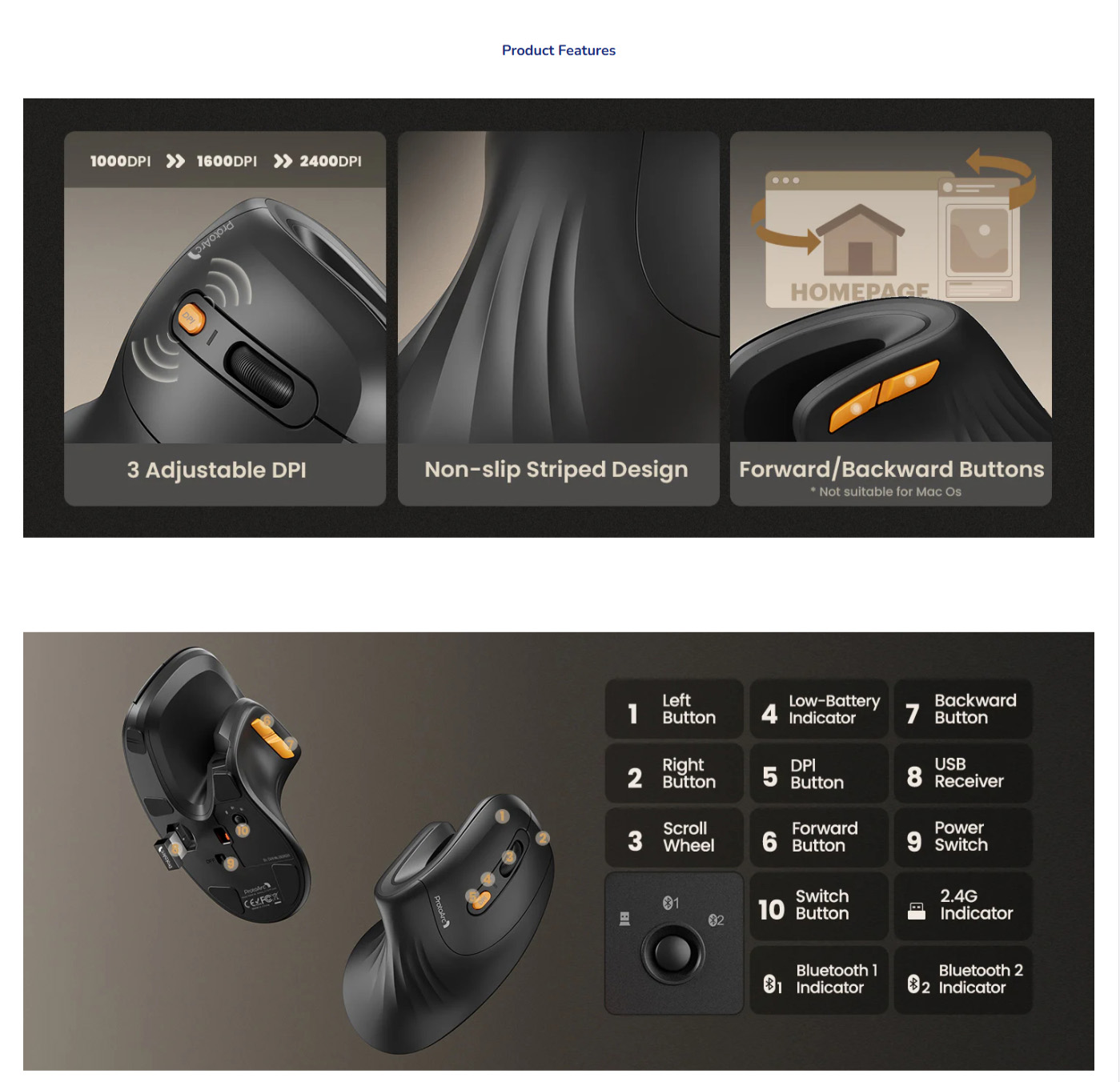 ProtoArc EM11 NL Rechargeable Multi-Device Ergonomic Vertical Mouse ...