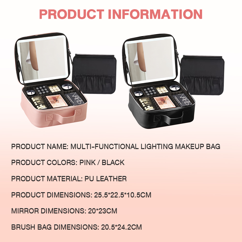 Fashion Makeup Bag With Mirror Tricolor LED Light Organizer Cosmetic ...