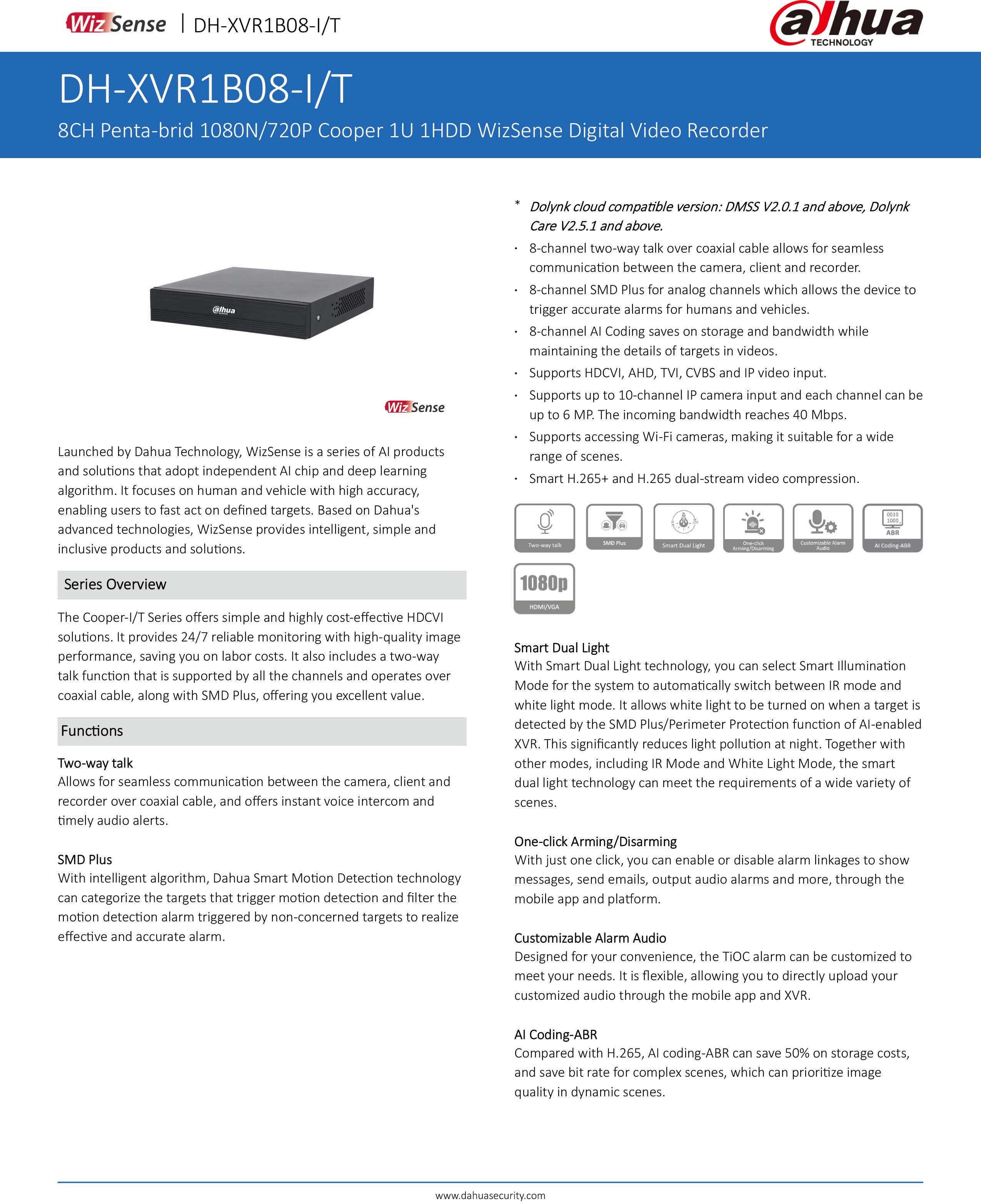 DAHUA 2MP DH-XVR1B08-I/T 8 Channel Penta-brid Cooper Series Two Way ...