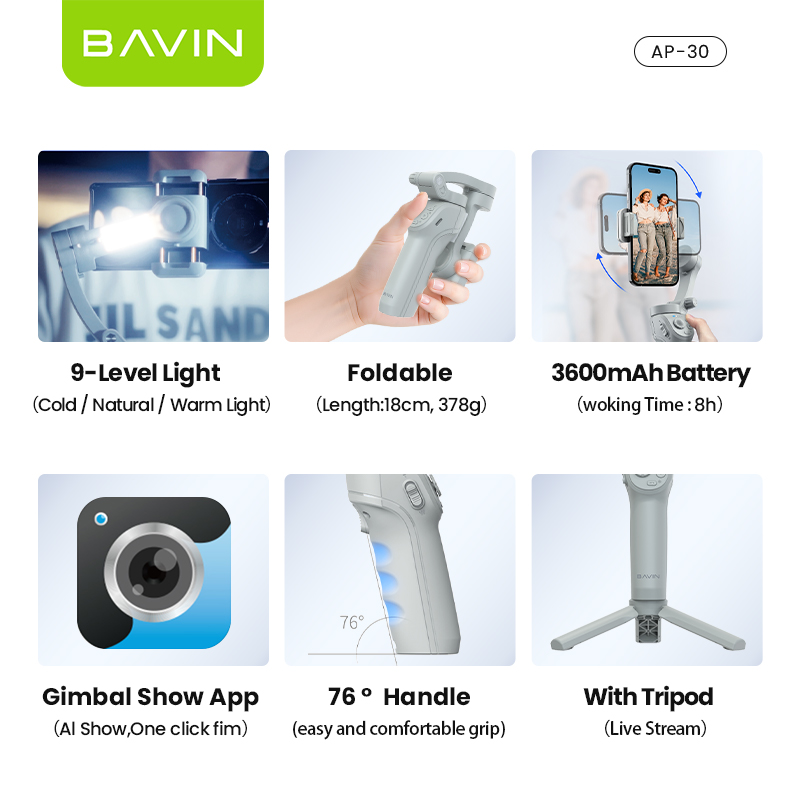 BAVIN P30/P31 Foldable Phone 3-Axis Gimbal Stabilizer w/Tripod/Fill ...