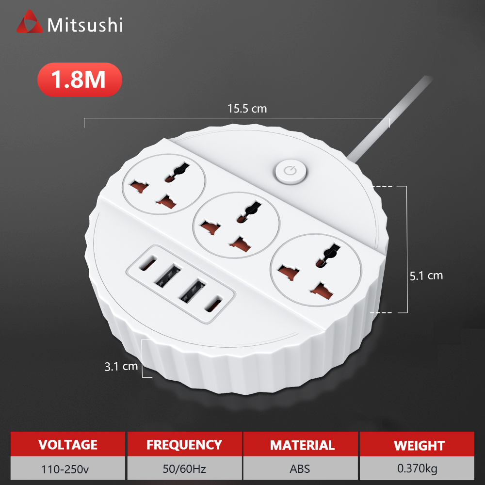Mitsushi 2500W Power Strip 250V Circular Socket Extension Socket with ...