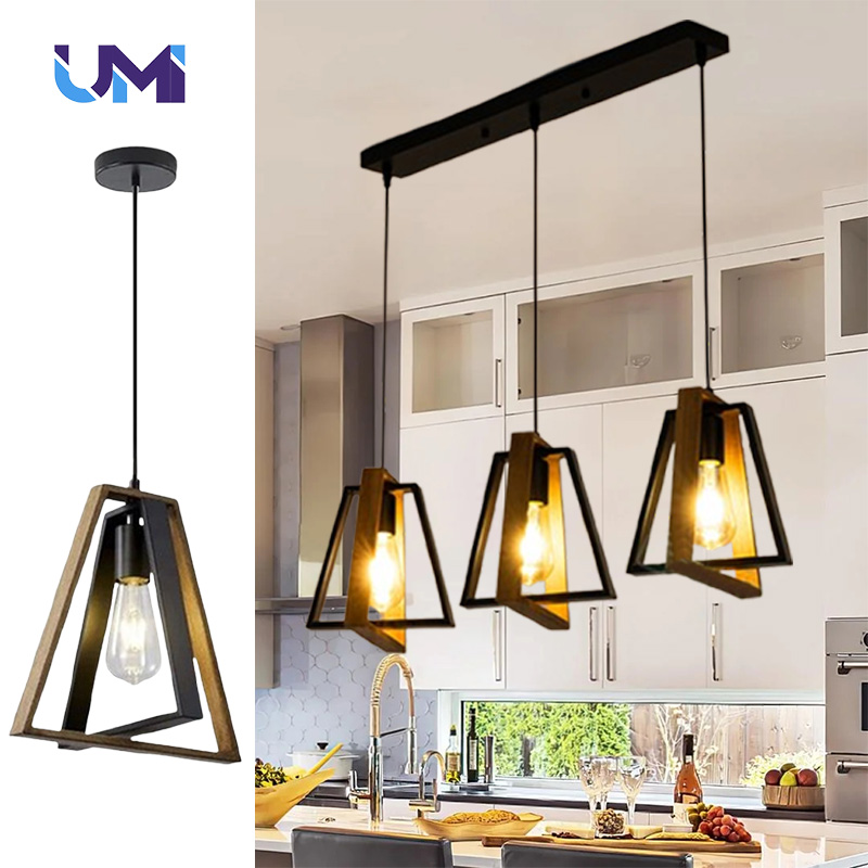 Pendant Light Industrial Retro Metal Hanging Light Wood & Metal Drop ...