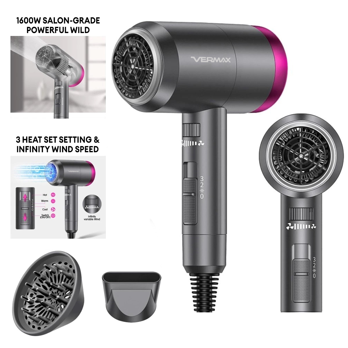 Vermax Ionic Hair Dryer Blower 1600W Portable Quick Dry Hot Cold Air ...