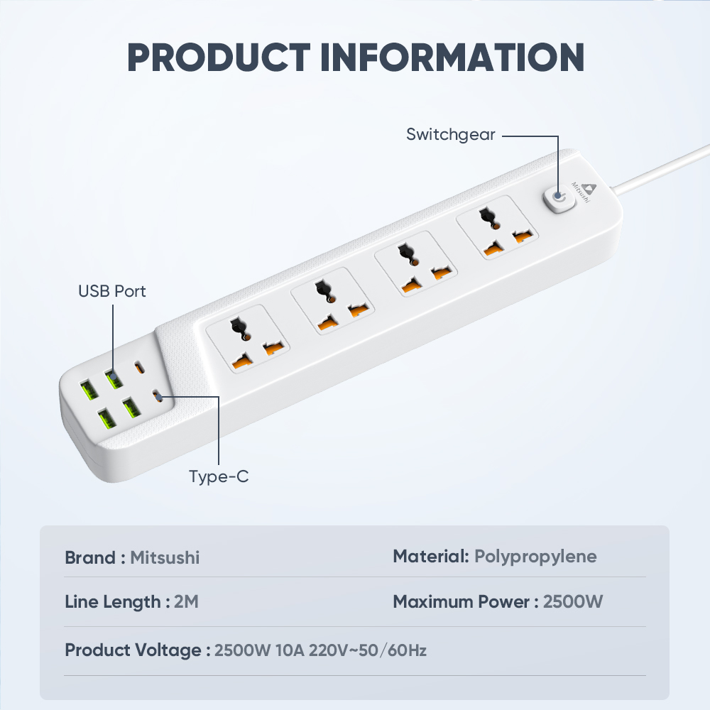Mitsushi Extension Socket 2500W Power Strip Socket 3/4 Sockets with USB ...