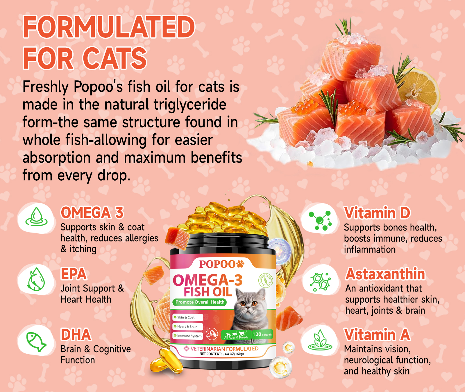 Popoo Omega 3 Fish Oil Supplement for Cat Skin Heart Immune Health Cat ...