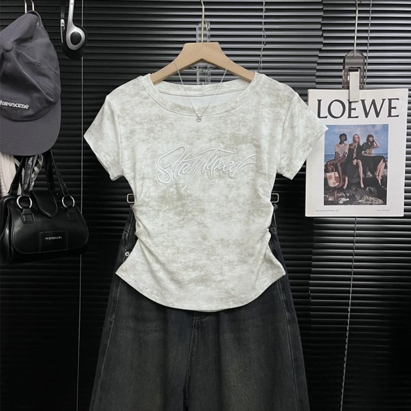 Round Neck Slim Cotton Tee Women Tie-dye Short Sleeve T-Shirt Casual ...