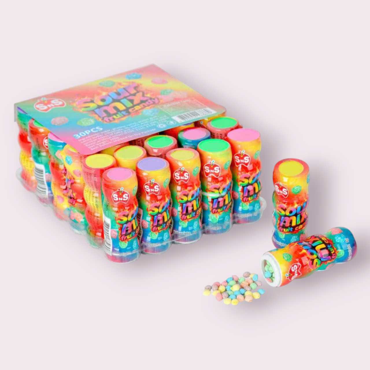 SnS Sour Mixed Fruit Candy 30Pcs 8g Assorted Flavored in Colorful Tubes ...