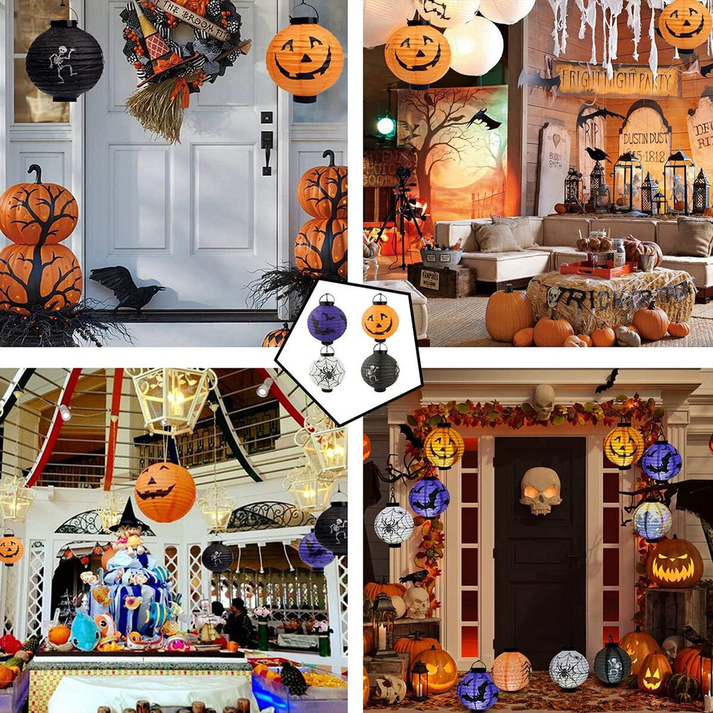 Halloween Paper 8inch Lanterns with LED Light Party Decor Spider Skull ...