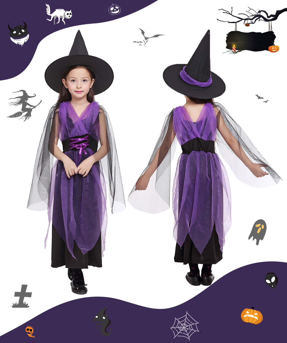Halloween Witch Costume For Kids Purple Magic Witch Dress Halloween ...