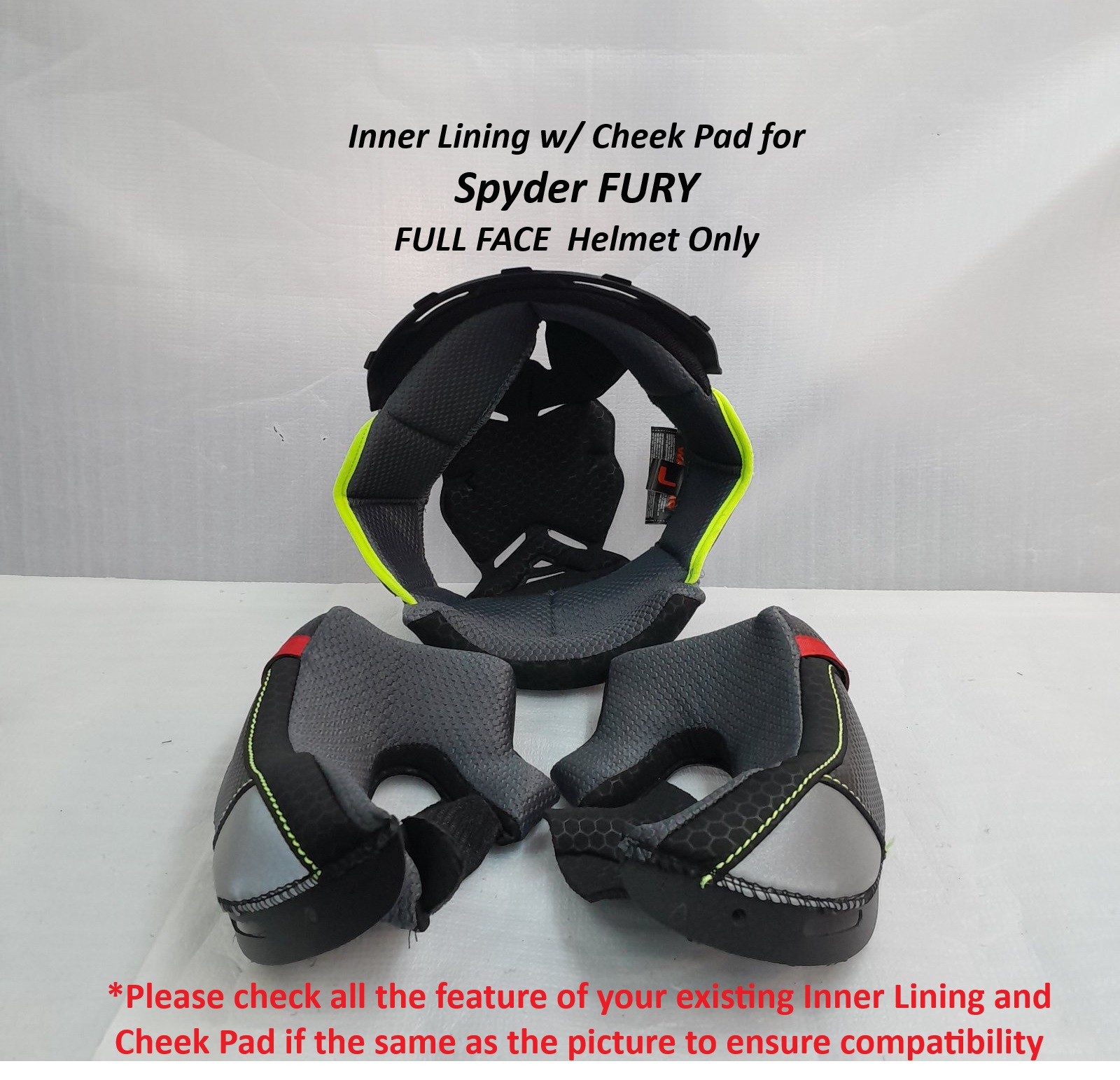 Spyder Fury Spare Inner Lining with Cheek Pad Foam for FULL FACE HELMET ...