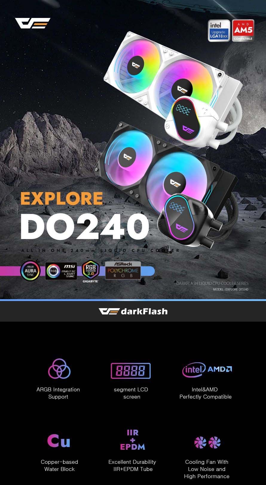 DarkFlash CPU Cooler Explore DO-240 ARGB LCD 240mm AIO Liquid Cooler ...