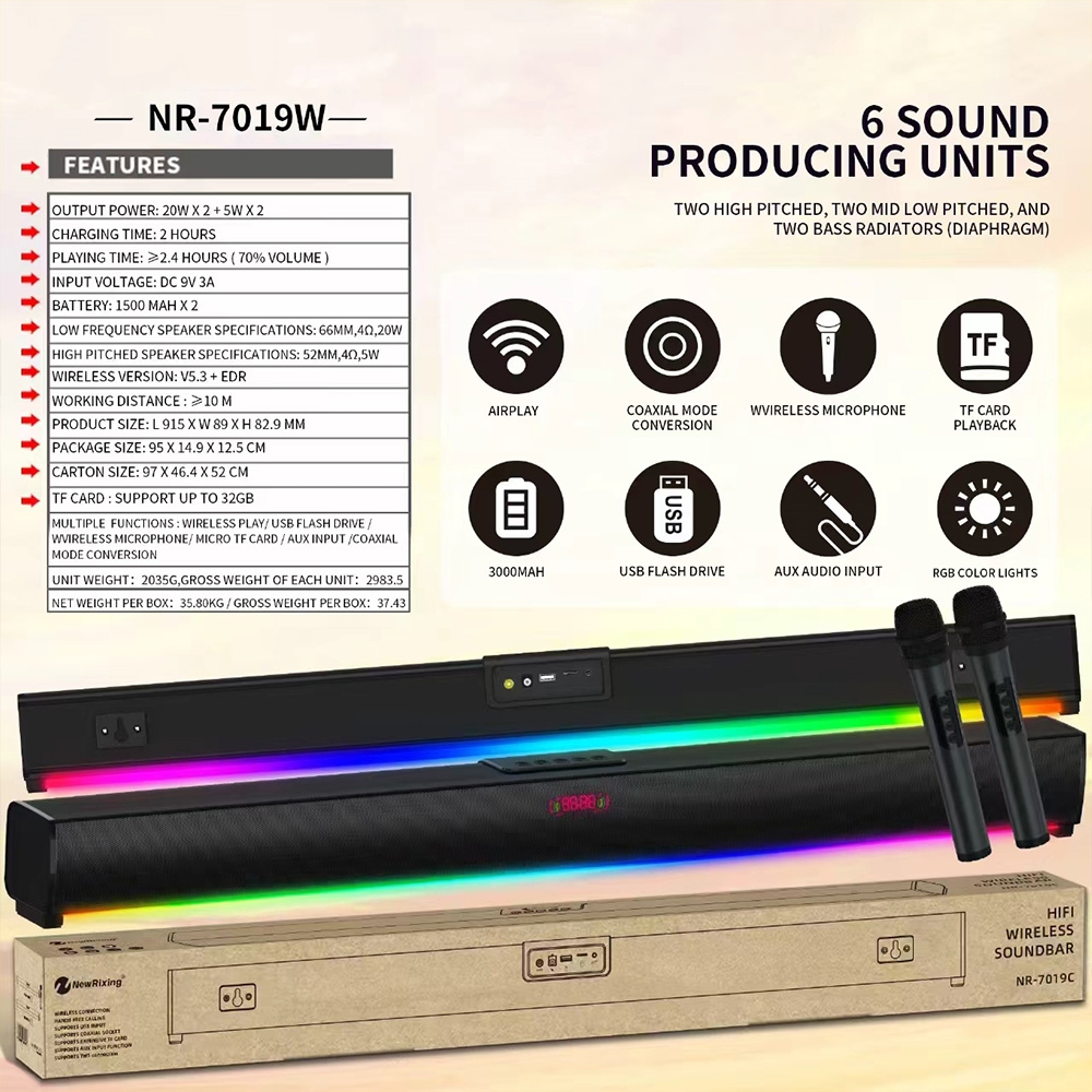 Jiditech RGB TV Soundbar Wireless Karaoke Speaker With Microphone ...