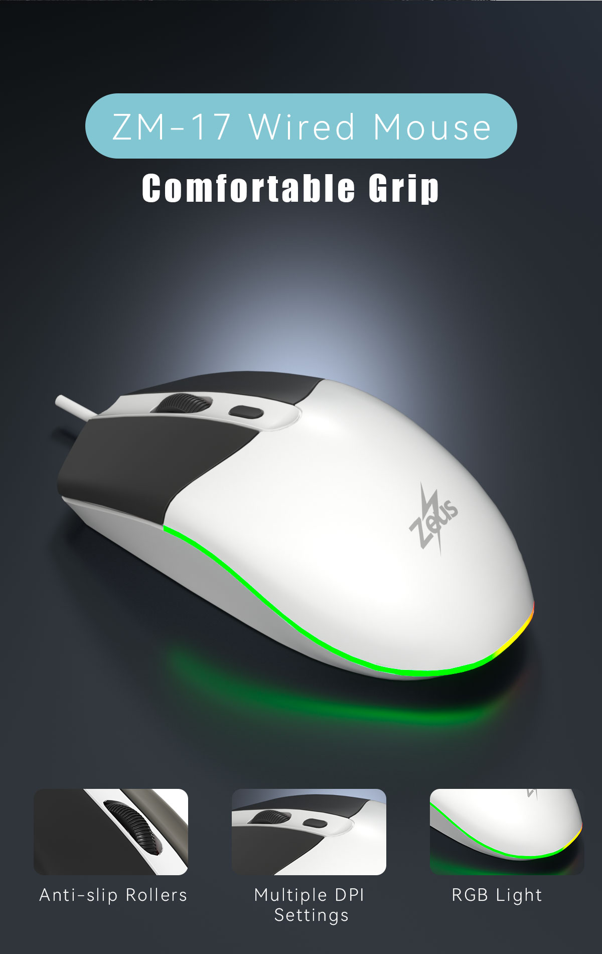Zeus ZM-17 RGB Wired Gaming Mouse 3 Adjustable DPI (800/1200/1600 ...