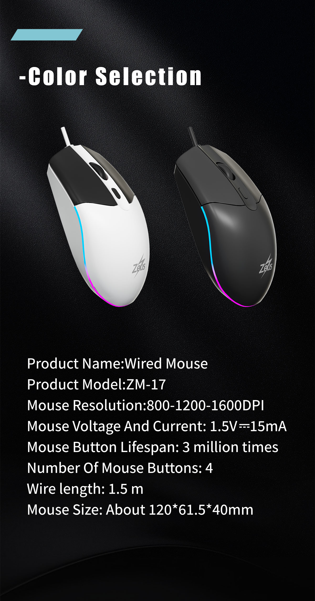 Zeus ZM-17 RGB Wired Gaming Mouse 3 Adjustable DPI (800/1200/1600 ...
