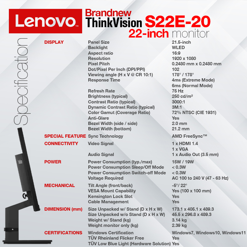 High-end ThinkVision S22E-20 WLED Full HD Monitor - 22" (21.5 Inch ...