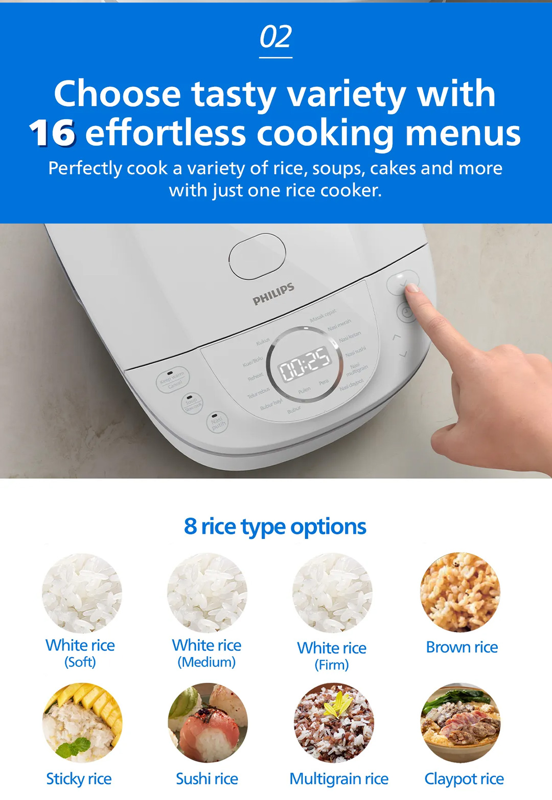 PHILIPS 1.8L Rice Cooker 3000 Series - HD4717/30, 16 Cooking Menus ...
